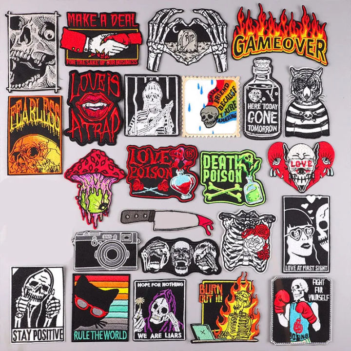 Punk Skull Patch Skeleton Embroidery Patch Iron On Patches For Clothing ...