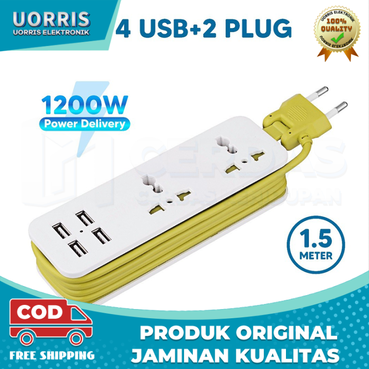 1200W Stop Kontak Power Strip Adapter with 2 Lubang Saklar + 4 Port USB 1.5M KABEL colokan ...
