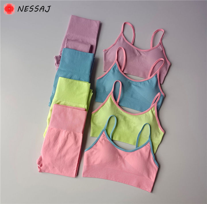Nessaj สีทึบชุดโยคะสำหรับผู้หญิงกีฬาเอวสูง2ชิ้นชุดหลวมสบายๆชุดวอร์ม ...