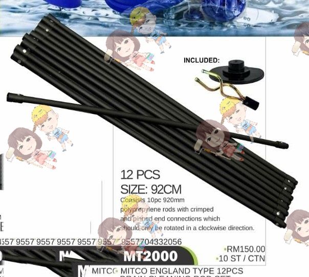 ORIGINAL MITCO DRAIN PIPE ROD CLEANING SET / REMOVE CLOG (12PCS/SET ...