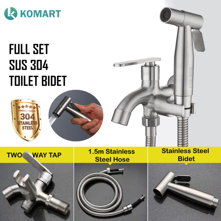 FULL SET SUS304 Stainless Steel Bathroom Toilet Two Way Water Bib Tap ...