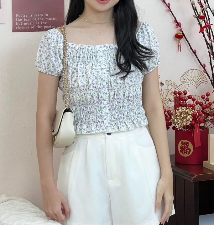 Crop Top Sweet Floral Short Sleeve Top Off Shoulder Flower Crop top ...