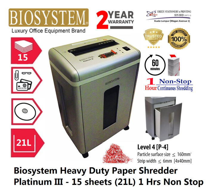 Biosystem Heavy Duty Paper Shredder Platinum III - 15 sheets (21L) 1 ...