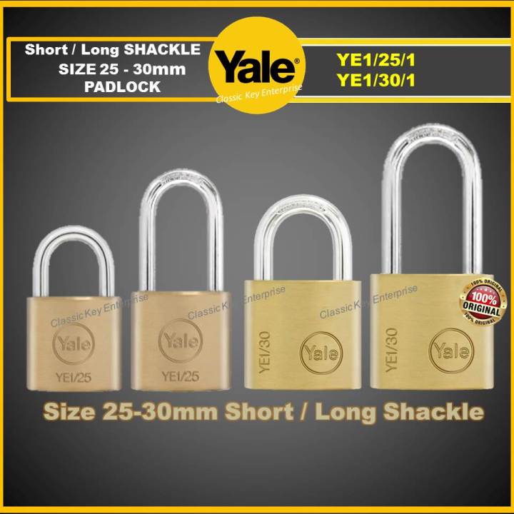 Yale 25mm 30mm Solid Brass Padlock with Short or Long Shackle YE1 model ...