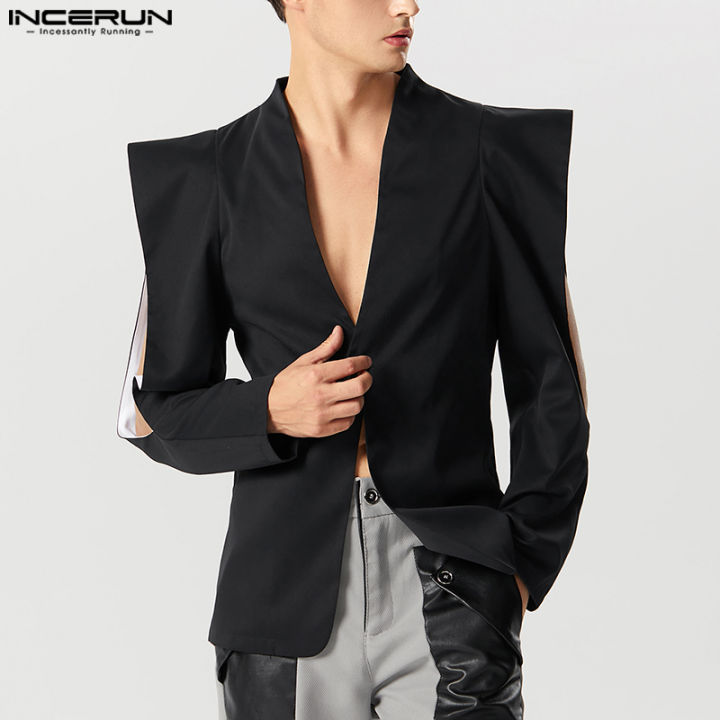 INCERUN Mens Long Sleeve Plain Simple Deep V Neck Outwear Fashion Side ...