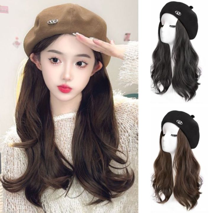 Y2K2 หมวกวิกผมผู้หญิง การต่อผม วิกผมหมวก หยักเป็นคลื่น การเชื่อมต่อที่ไร้รอยต่อ วิกหมวกเบเร่ต์ ...