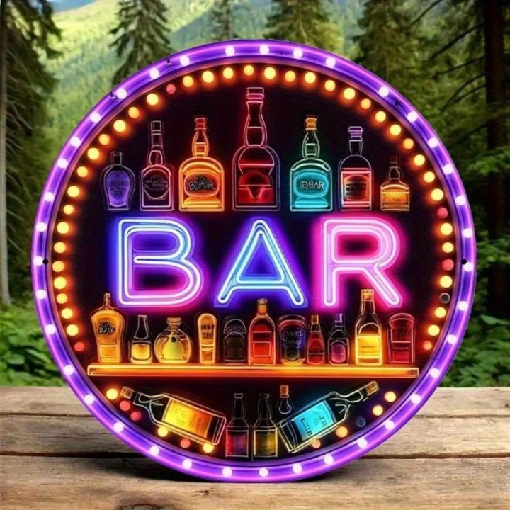 Retro-Style Neon Light Bar Metal Sign - Colorful Beverage Bottle Design ...