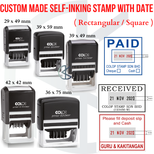 Custom Made COLOP Printer Line Self-Inking Rectangular Square Stamp With Date / Rubber Stamp ...