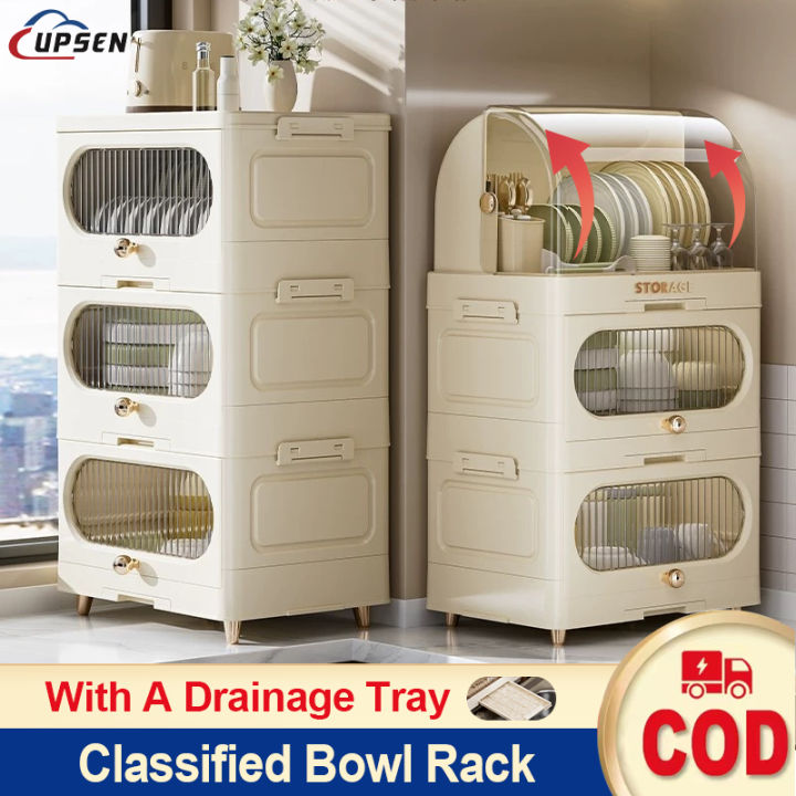 UPSEN Dish Rack Kitchen Dish Cabinet Drain Organizer Plate Tableware ...