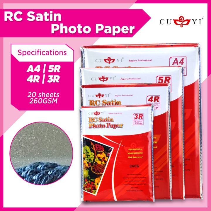 【PrinTEE】CUYI RC Satin Photo Paper 260gsm A4 , 5R , 4R , 3R Size (20 ...