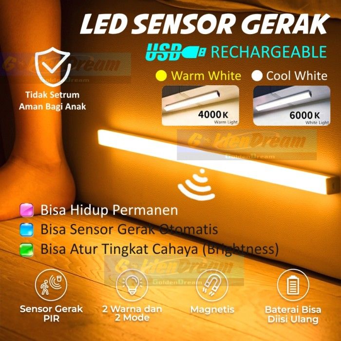 Lampu Tempel Sensor Gerak Lemari Dinding Meja Baca LED USB Cas Magnet ...