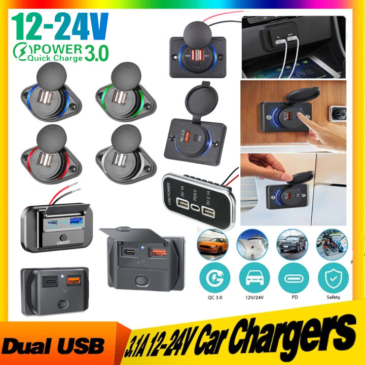 Car Charger 12V 24V QC3.0+18W PD Sockets USB Ports Quick Charge Auto ...
