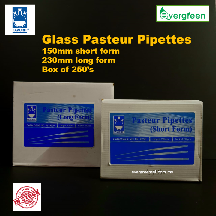 Glass Pasteur Pipettes 230mm long form and 150mm short form, 250's/ box ...