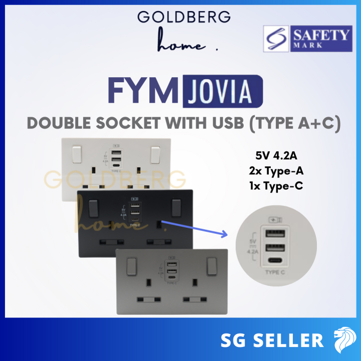 FYM Jovia Double Socket with USB Type A & Type C White Matt Black Space ...