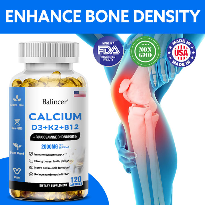 Calcium Vitamin D3+K2+B12 Glucosamine Chondroitin Supplement for Heart, Bones, Teeth, Joints and ...
