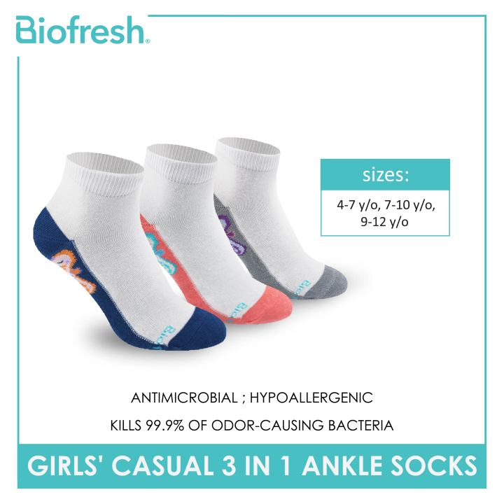 Biofresh Girls’ Antimicrobial Cotton Lite Casual Ankle Socks 3 pairs in ...