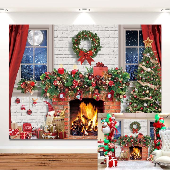 Christmas Backdrop 2023 Christmas Fireplace Brick Wall Backdrop Snowy ...