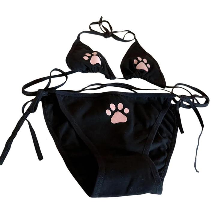 Cats Paws Panty Bra Underwear Set Side Tie Panty Halterneck Bra Cartoon ...