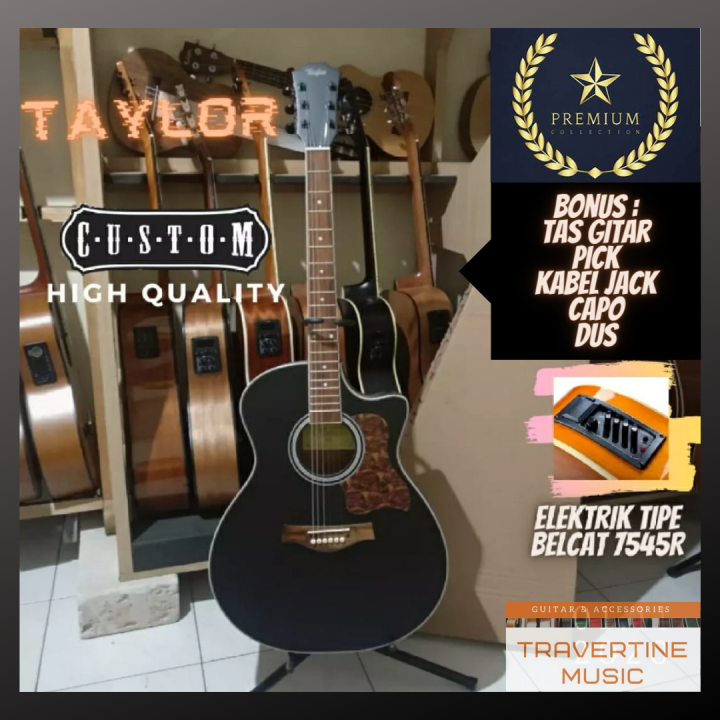 Gitar Akustik Elektrik Taylor Hitam HIGH QUALITY CUSTOM with Equalizer Ukuran Standard 40 inchi ...