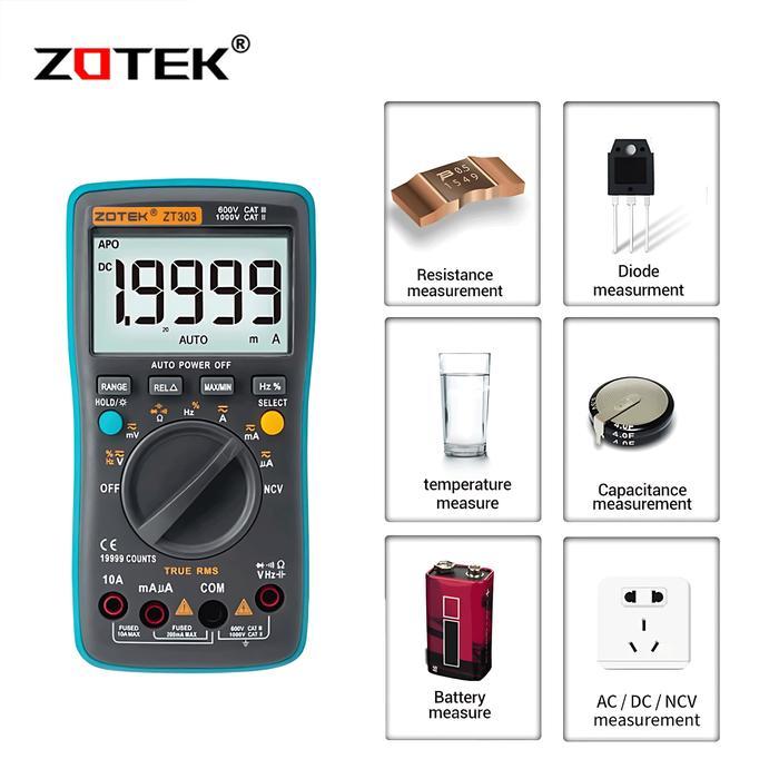 ZOTEK ZT-303 DIGITAL MULTIMETER 8000 COUNTS TRUE-RMS BACK LIGHT AC DC ...