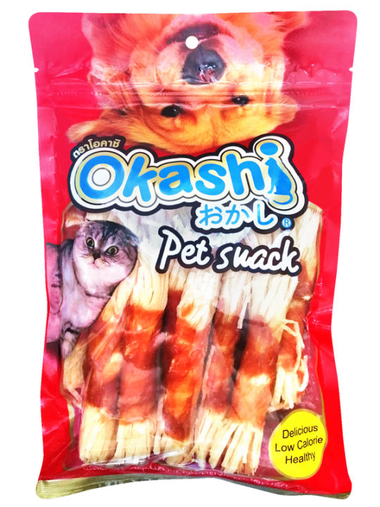 OKASHI SNACK DOG AND CAT ขนมขบเคี้ยวสำหรับสุนัข และแมว (ไก่พันปลาเส้น ...