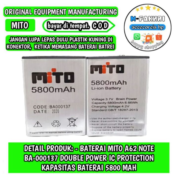 BT BATERAI BATTERY BATREI Mito A62 Note BA-000137 Double Power IC Protection | Lazada Indonesia