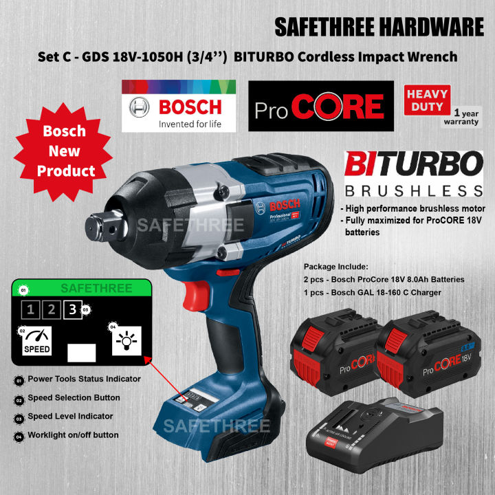 Bosch Gds 18v 1050 H 3 4 Biturbo Cordless Impact Wrench And Procore