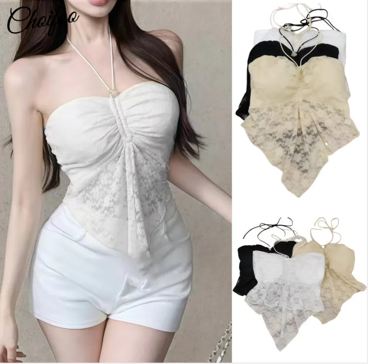 Women's Lace Vest Top Irregular Lace Neck Strap Vest Top Short Slim Fit Backless Tops Lace ...