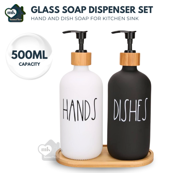 MK HomeFlow Glass Kitchen Soap Dispenser Set, Hand and Dish Soap Dispenser w/ Pump and Tray ...