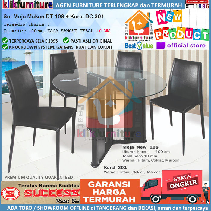 Set Meja Makan Bulat 4 Kursi Besi Kaca DT108 + DC301 Success | Lazada Indonesia