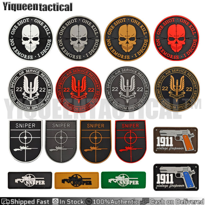 Yiqueen Tactical 3D PVC Velcro Label Rubber Patch Sniper 1911 Tactical Morale Badge Skull Sniper ...