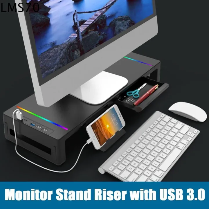 LMS70 RGB Lights Monitor Stand Riser with USB USB 3.0 2.0 Hub Foldable ...