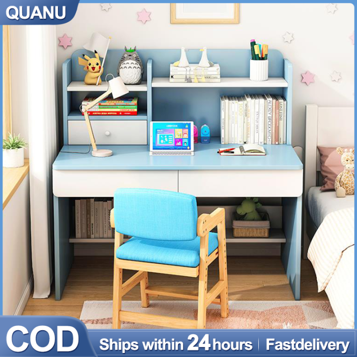 QUANU Pink/Blue Kids Table With Drawer Storage Rack Combined Bookcase ...