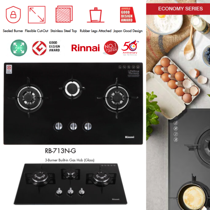 RINNAI RB-713N-G JAPAN GOOD DESIGN AWARD L/R 3.7kW 3 BURNER FLEXI BUILT ...