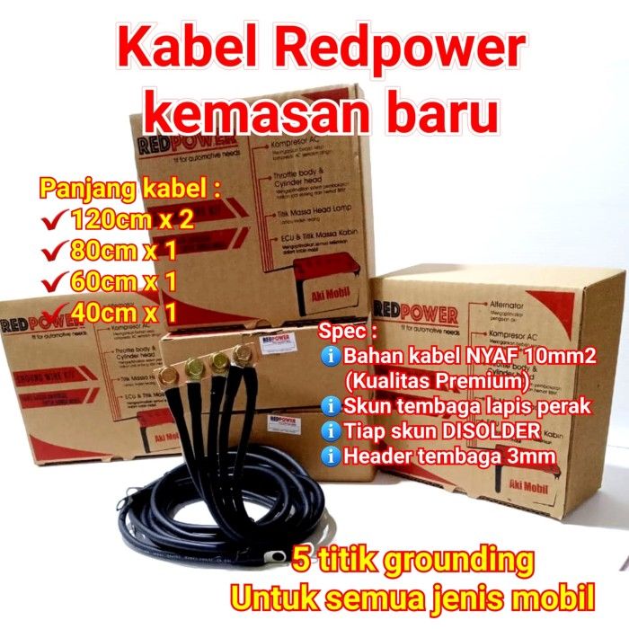 Ground Wire Kit Kabel Grounding Mobil Redpower NYAF 10mm Hitam 5 titik ...