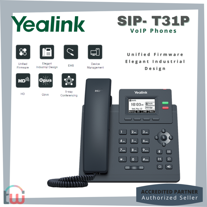 YEALINK IP Phones SIP-T31P Entry Level 2 Lines HD Voice Handset Speakerphone Telephony Unified ...
