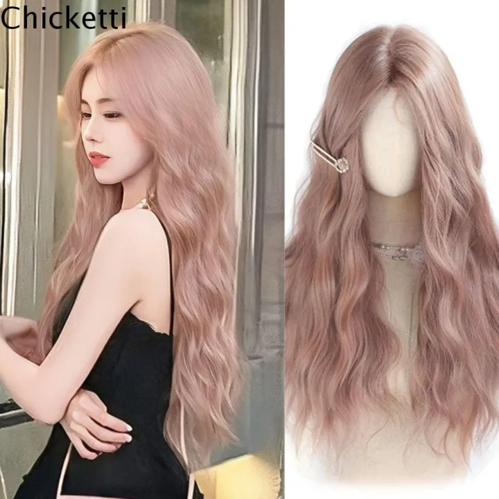CHICKETTI ตอนกลาง วิกผมลูกไม้สังเคราะห์แบบหน้า ธรรมชาติ ชมพูอ่อน ผมยาว ...