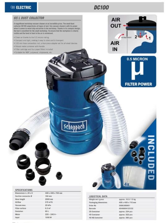 เครื่องดูดฝุ่น Scheppach รุ่น DC100 แถม ชุดอะแดปเตอร์ 4 ชิ้น มาพร้อมกับ ...