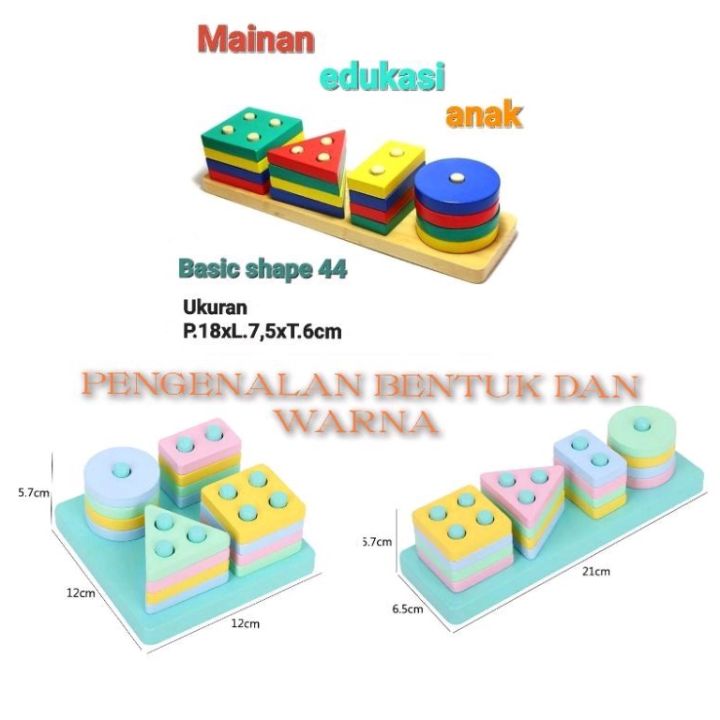 Mainan edukasi kayu Basic Shape 44 pasak geometri Balok geometri ...