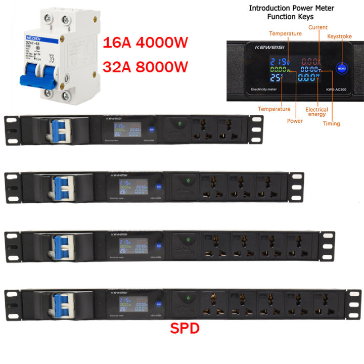 PDU Power Strip digital display power meter 16A/32A air switch with surge protection, 2-12Ways ...