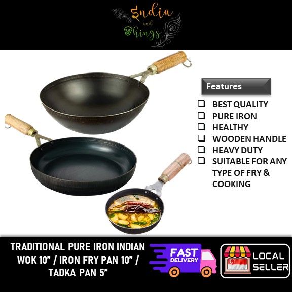 Traditional Pure Iron Indian Wok Kadai 10 Inch Heavy Duty Fry Pan 10 ...