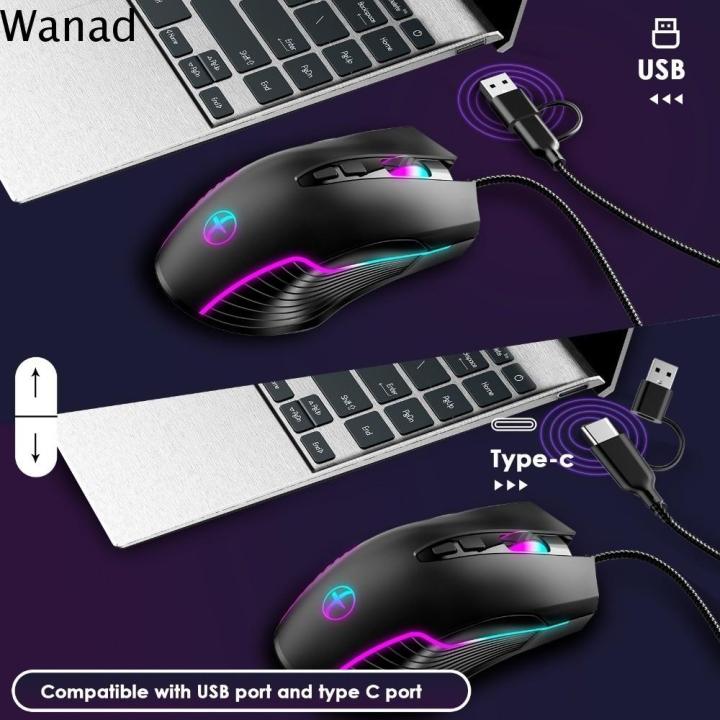 WANAD Jiggler Mode 2.4G Wireless Mouse USB/Type-C LED Backlit Wired Mouse Portable 1600 DPI ...