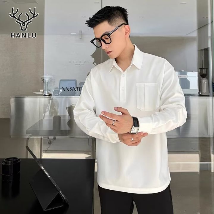 Hanlu เสื้อแขนยาวชาย เสื้อสเวตเตอร์แฟชั่นแขนยาวเสื้อเชิ้ตลำลองเสื้อโปโล ...