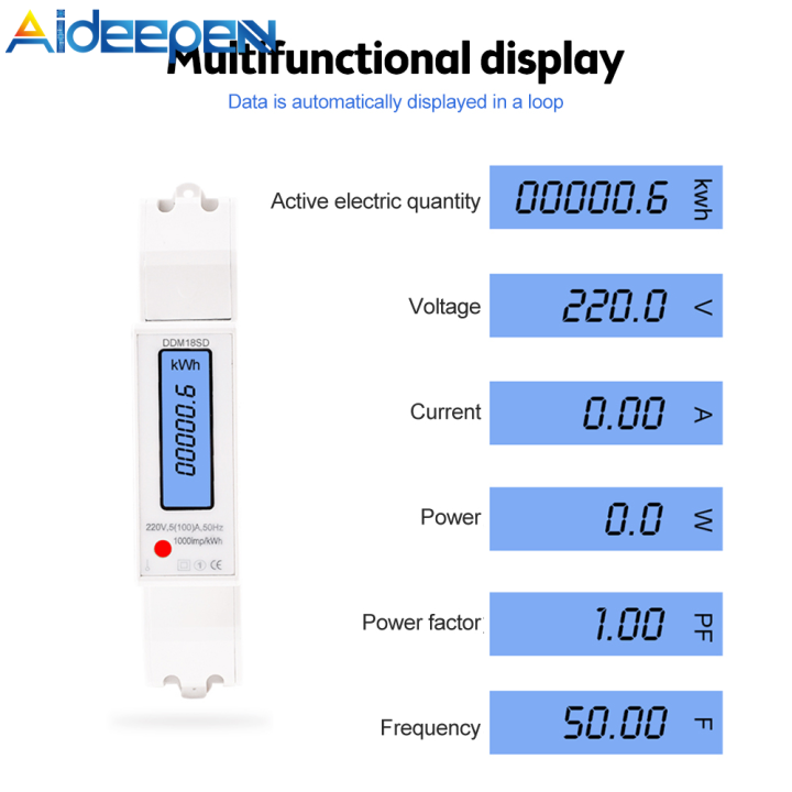 Aideepen เครื่องวัดพลังงานไฟฟ้าแบล็คไลท์ LCD 220V DDM18SD มิเตอร์ KWh ...
