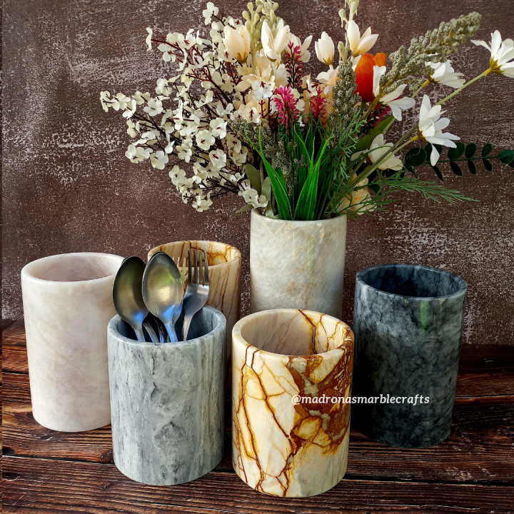 CYLINDRICAL SHAPE MARBLE INDOOR POT, KITCHEN UTENSIL HOLDER ...