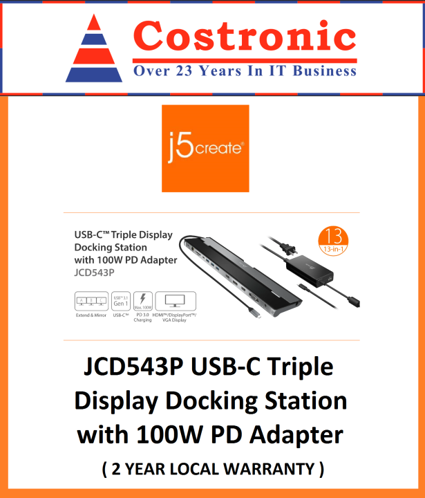 J5Create JCD543P USB-C Triple Display Docking Station with 100W PD ...
