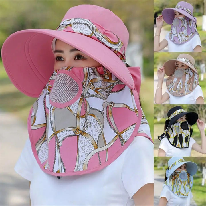 [ANFN]Summer Women Wide Brim Garden Work Shade Hat Face Mask Detachable ...
