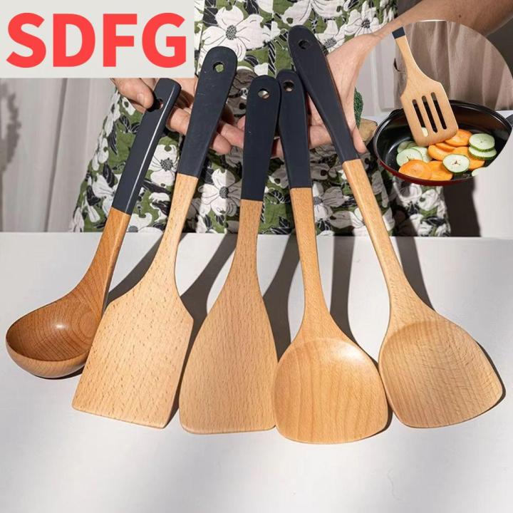 SDFG 3/5 Pcs ด้ามยาว ชุดเครื่องครัวทำอาหารไม้ ป้องกันการไหม้ ใช้ซ้ำได้ ...
