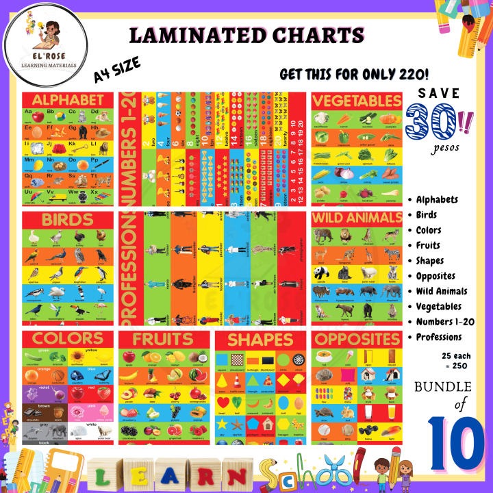 A4 Size Bundle Laminated Charts for Children (Learning Materials ...