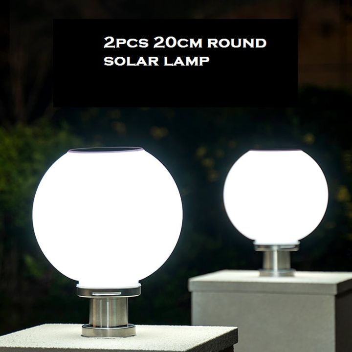 Set 20CM Round Ball Post Solar LED Light Waterproof Outdoor Powered ...
